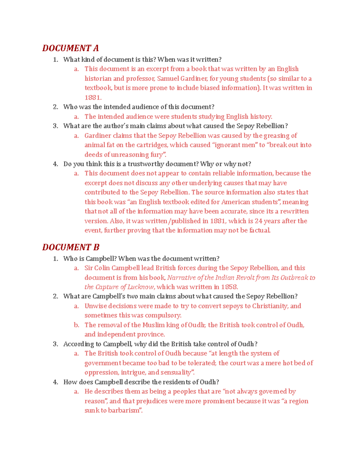 Sepoy Rebellion Assignment - DOCUMENT A What kind of document is this ...