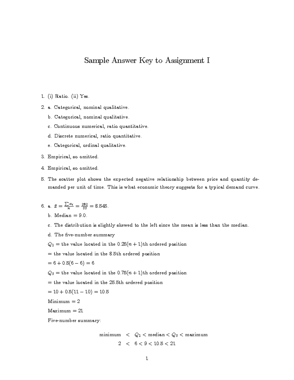 Assignment 1 Sample Answer - Sample Answer Key to Assignment I (i ...