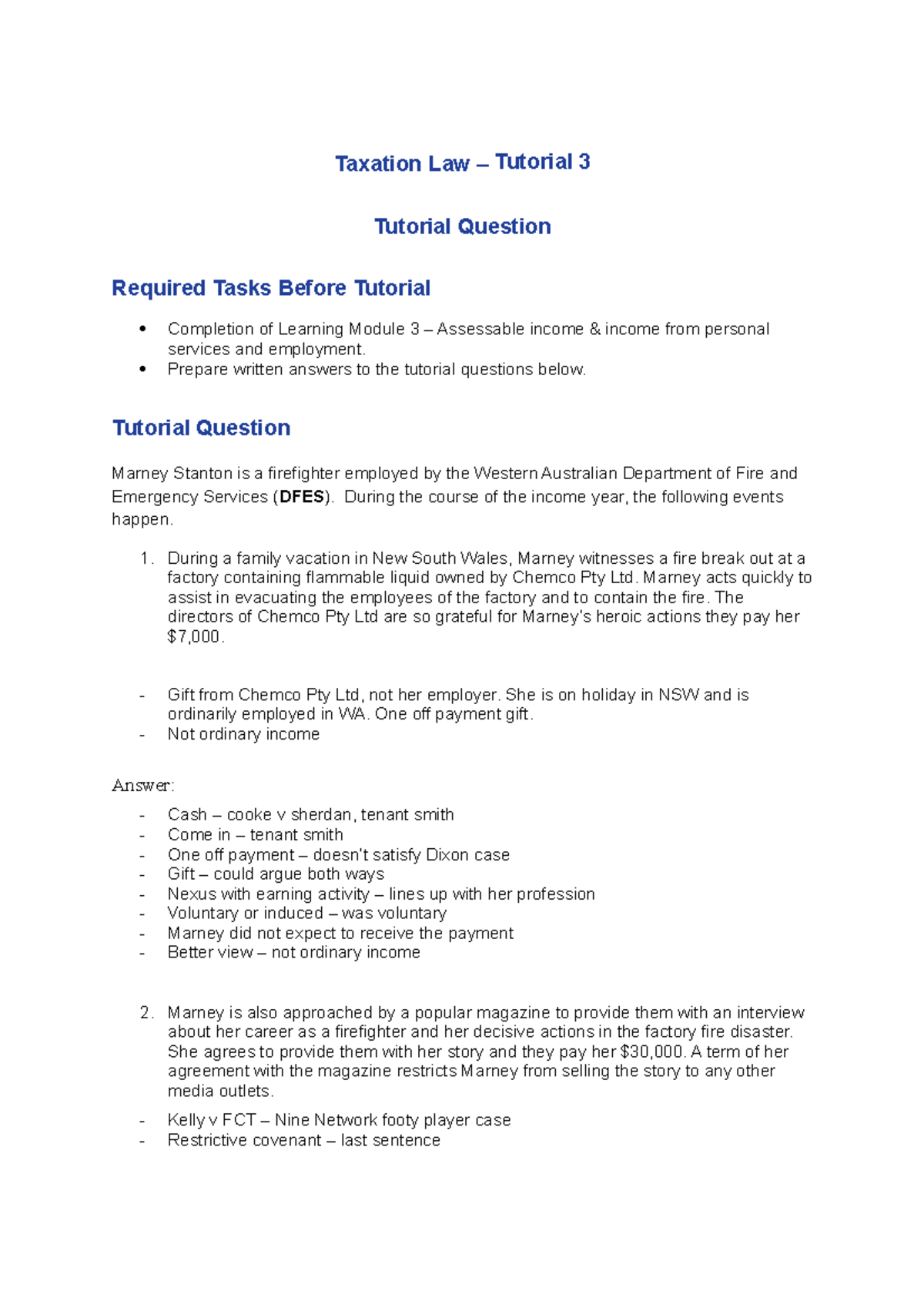 Tutorial 3 Tutorial Questions Taxation Law Tutorial 3 Tutorial Question Required Tasks