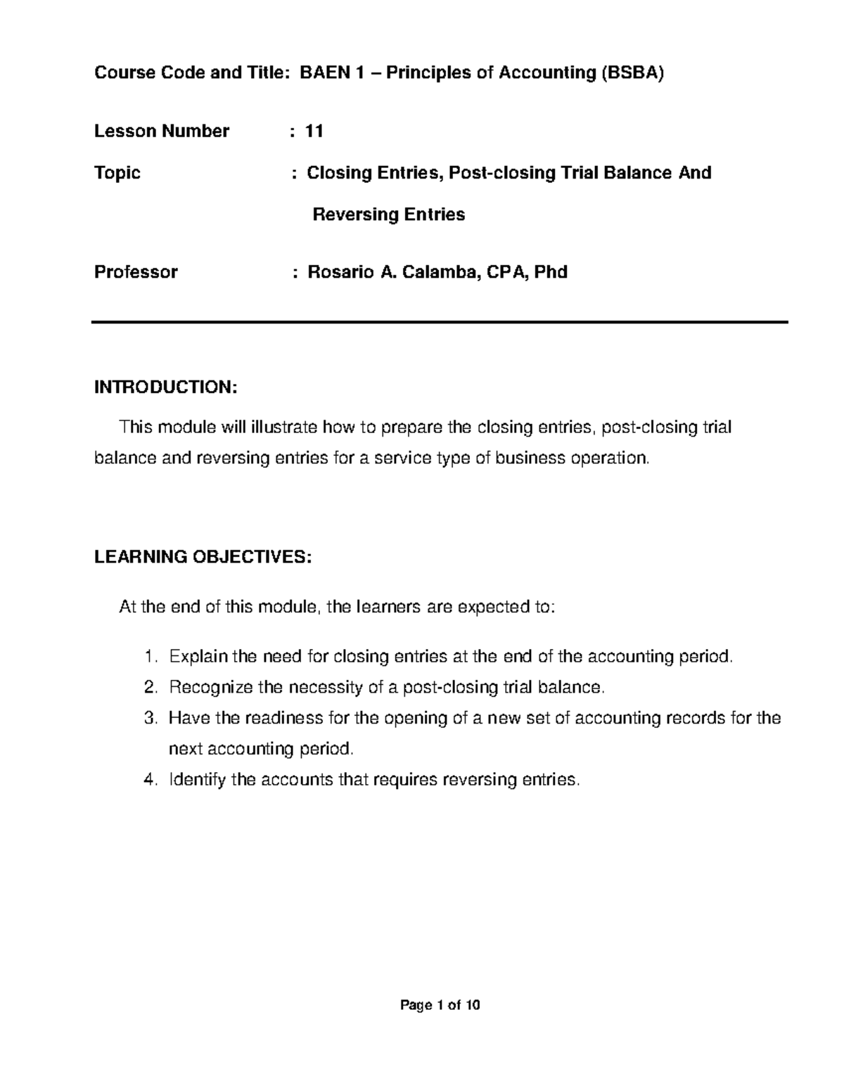 Module 11 - Principles of Accounting (BSBA) - Course Code and Title ...