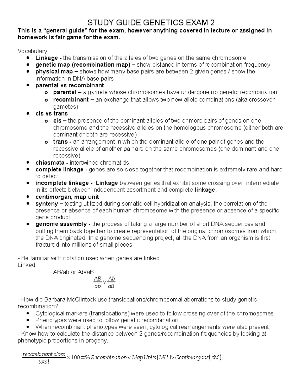 Study Guide for Exam 2 - STUDY GUIDE GENETICS EXAM 2 This is a “general ...
