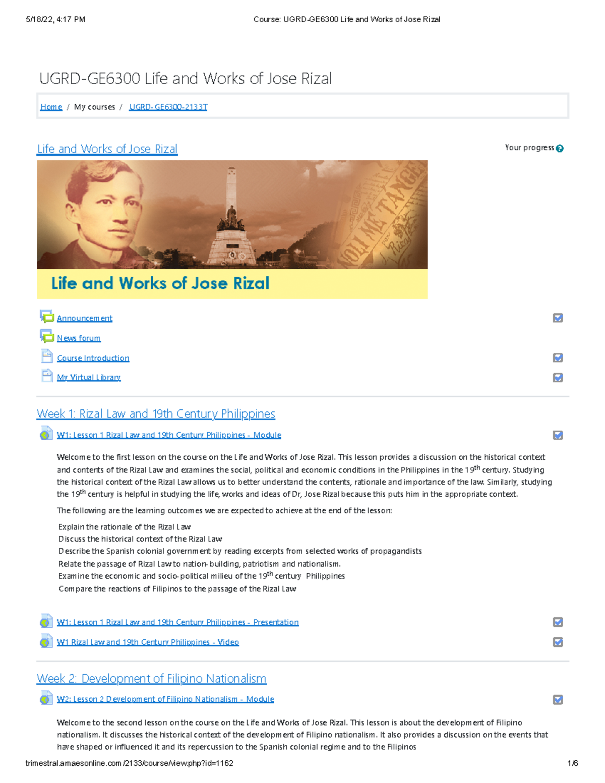 Course UGRD-GE6300 Life and Works of Jose Rizal - Home/My courses/ UGRD ...