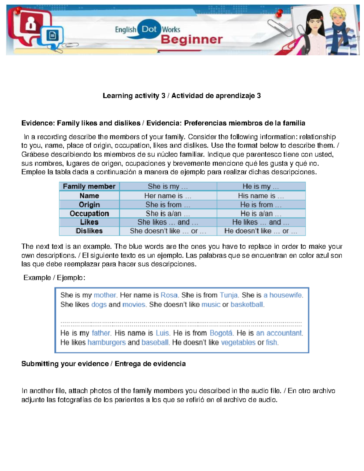 Learning activity 3 -Evidence Family Likes and - Learning activity 3 / Actividad de aprendizaje ...