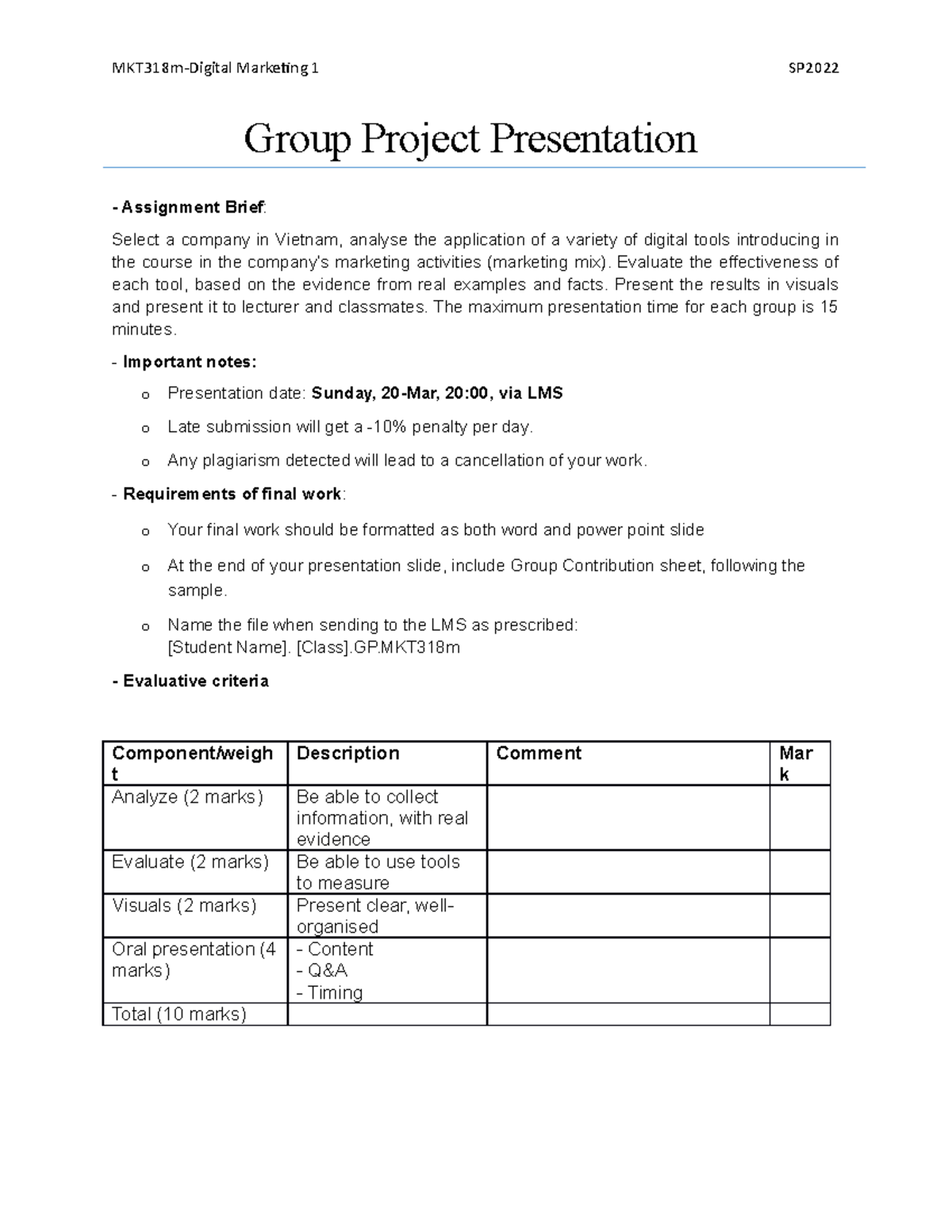 MKT318-Group Project - MKt318 - MKT318m-Digital Marketing 1 SP Group ...