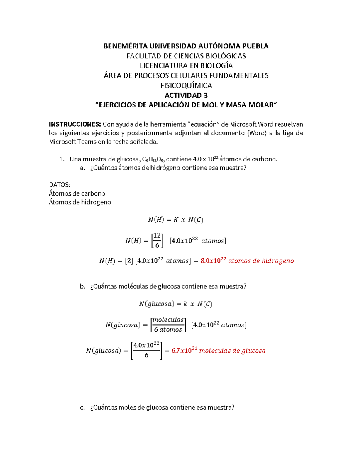 Ejercicicios de mol y masa molar - BENEM.. UNIVERSIDAD AUT”NOMA PUEBLA FACULTAD DE CIENCIAS ...
