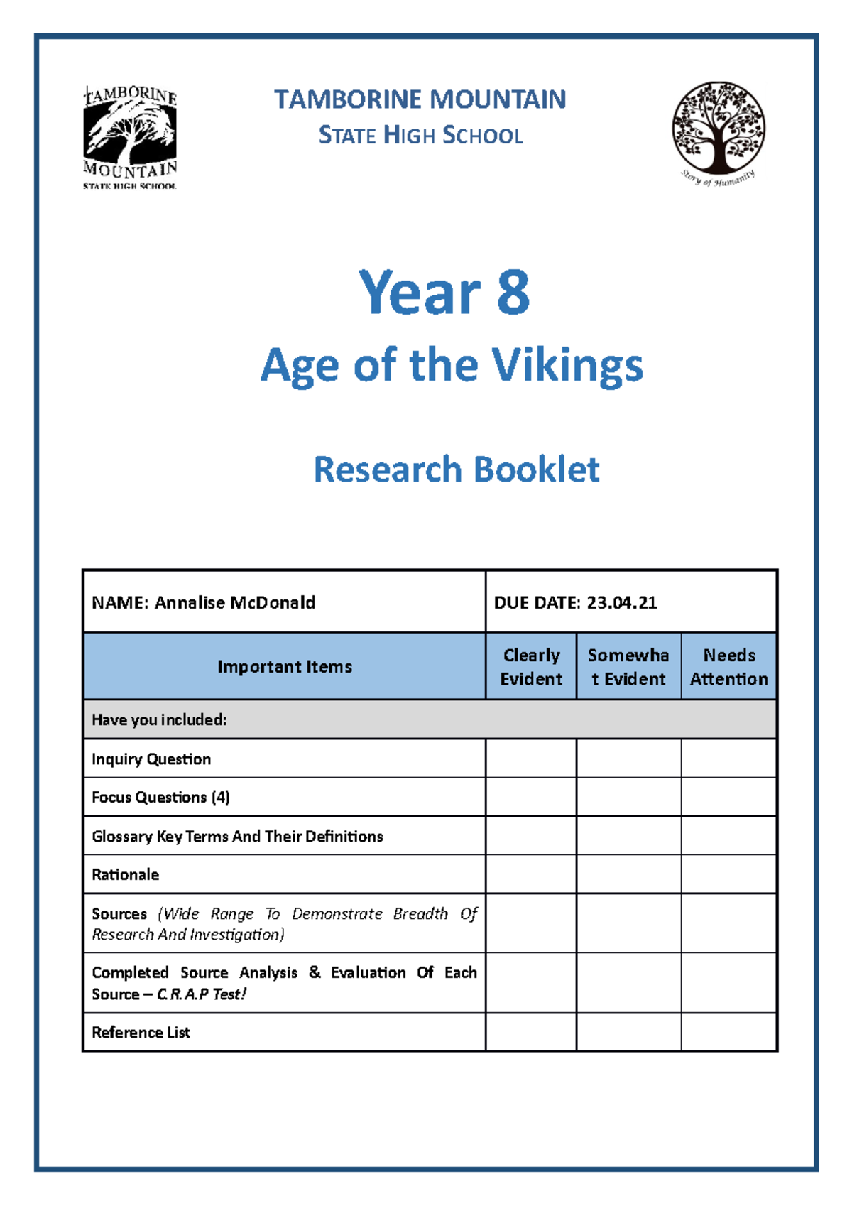 2021 HIS Year 8 Term 1 - Vikings Research Booklet - TAMBORINE MOUNTAIN ...