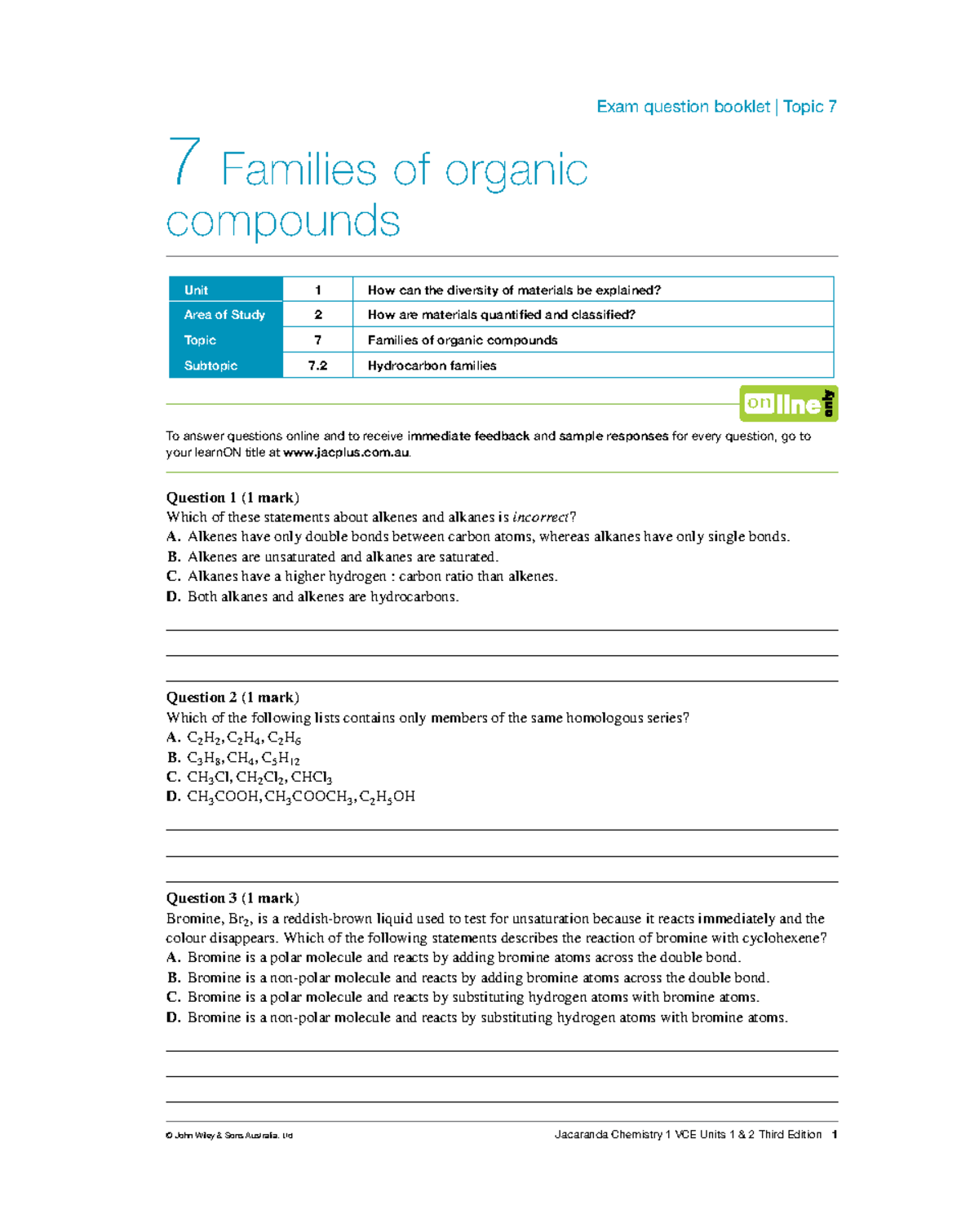 Review questions Organic chemistry - Exam question booklet | Topic 7 7 ...
