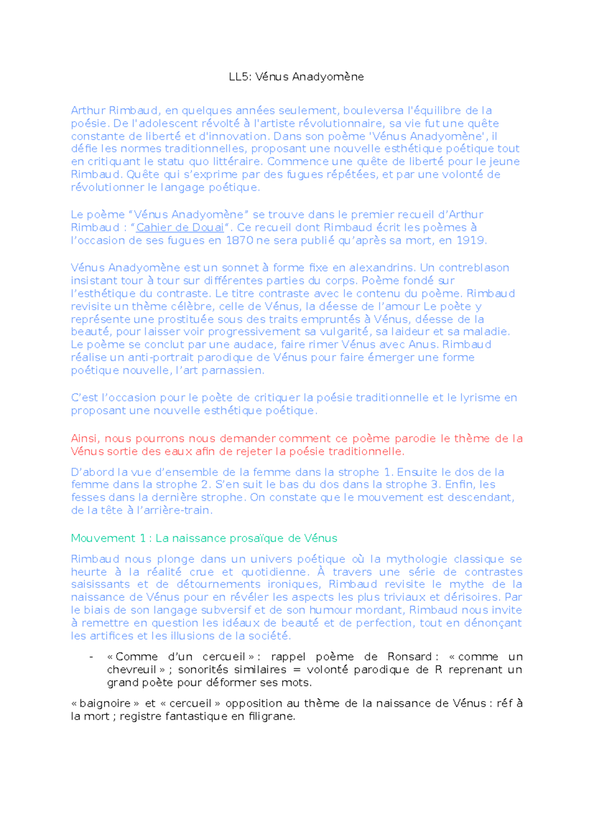 venus anadyomène fiche linéaire - LL5: Vénus Anadyomène Arthur Rimbaud ...