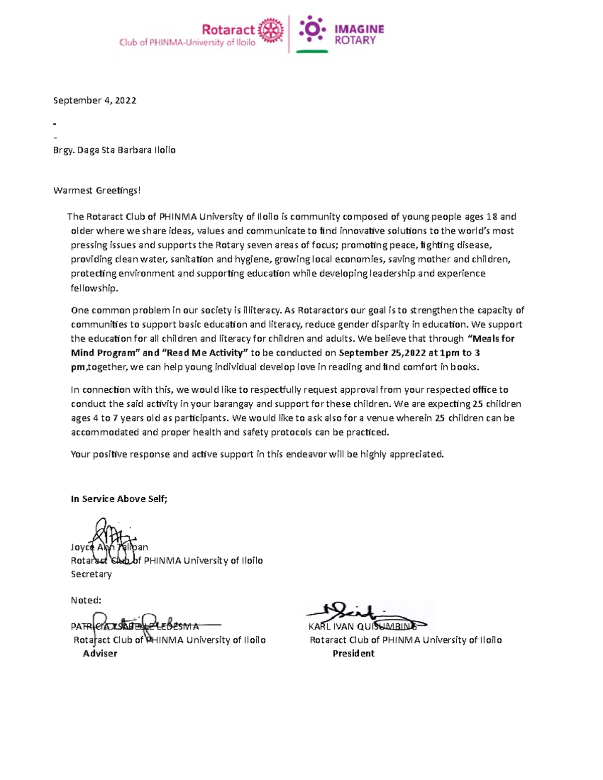 Letter of Formality - September 4, 2022 - Brgy. Daga Sta Barbara Iloilo ...