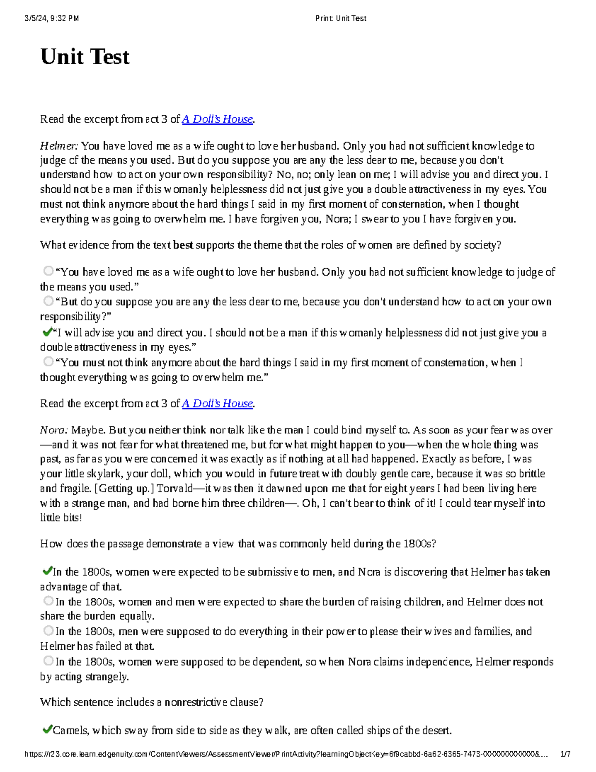 Print Unit Test - Unit Test Read the excerpt from act 3 of A Doll’s ...