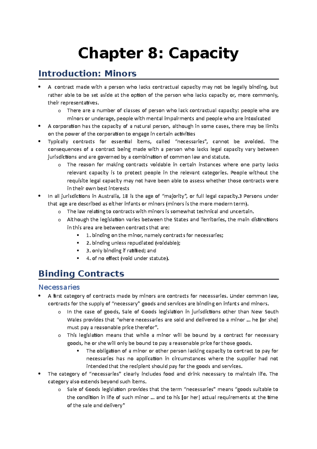 8. Capacity - Chapter Summary - Principles of Contract Law - Chapter 8 ...