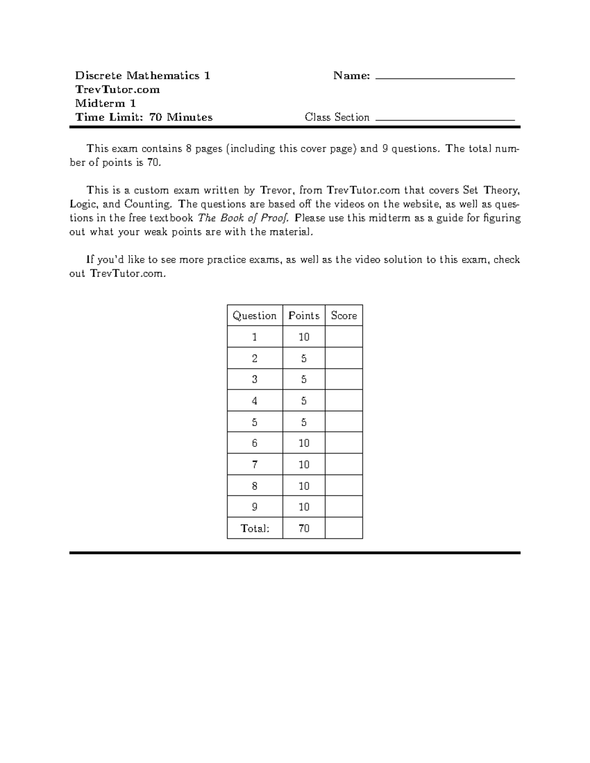 Discrete math 1 midterm 1 - Discrete Mathematics 1 Name: TrevTutor ...