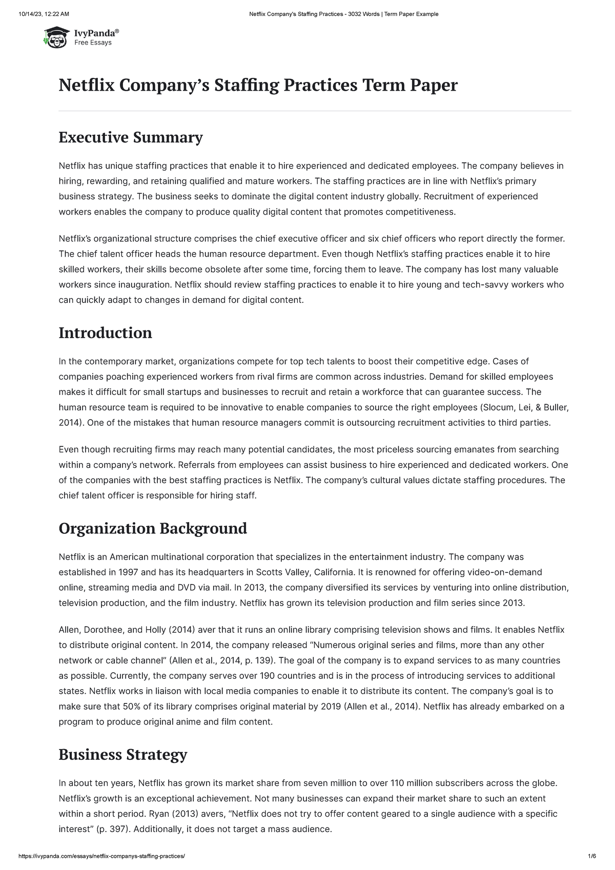 Nishant netflix - Netix Company’s Stafng Practices Term Paper Executive ...