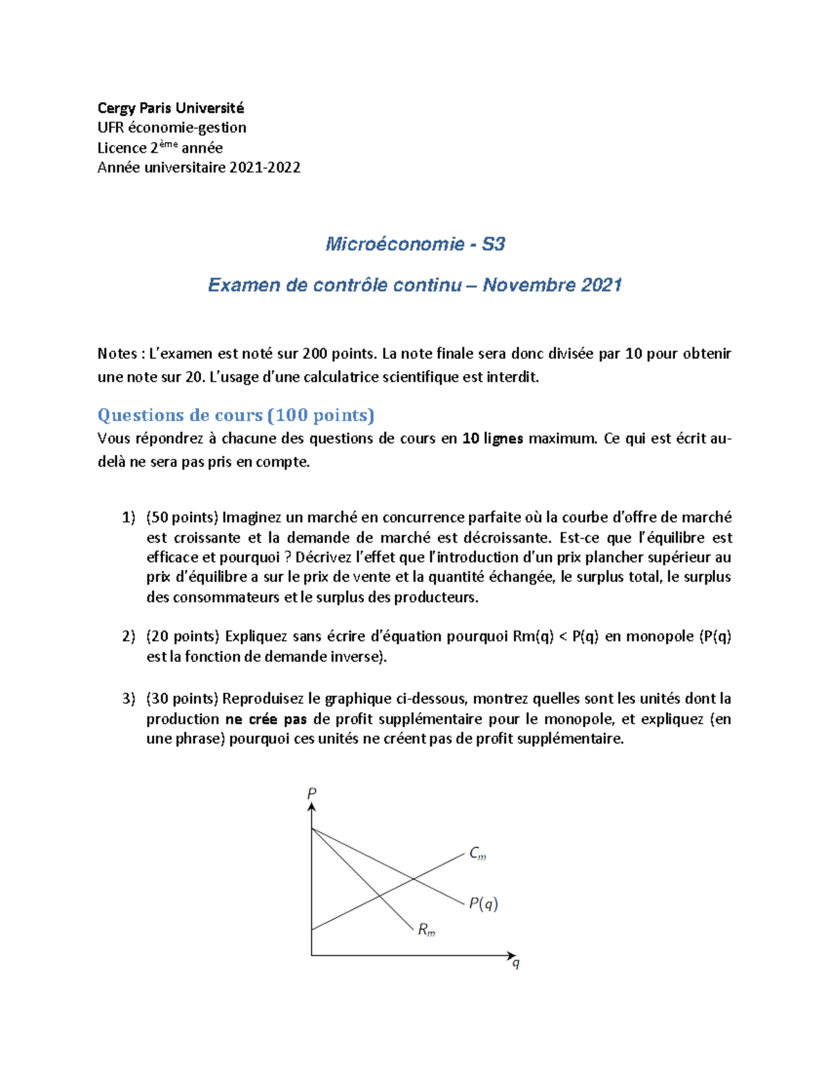 2021 exam CC micro L2 2021 11 09 - Cergy Paris UniversitÈ UFR Èconomie-gestion Licence 2Ëme ...