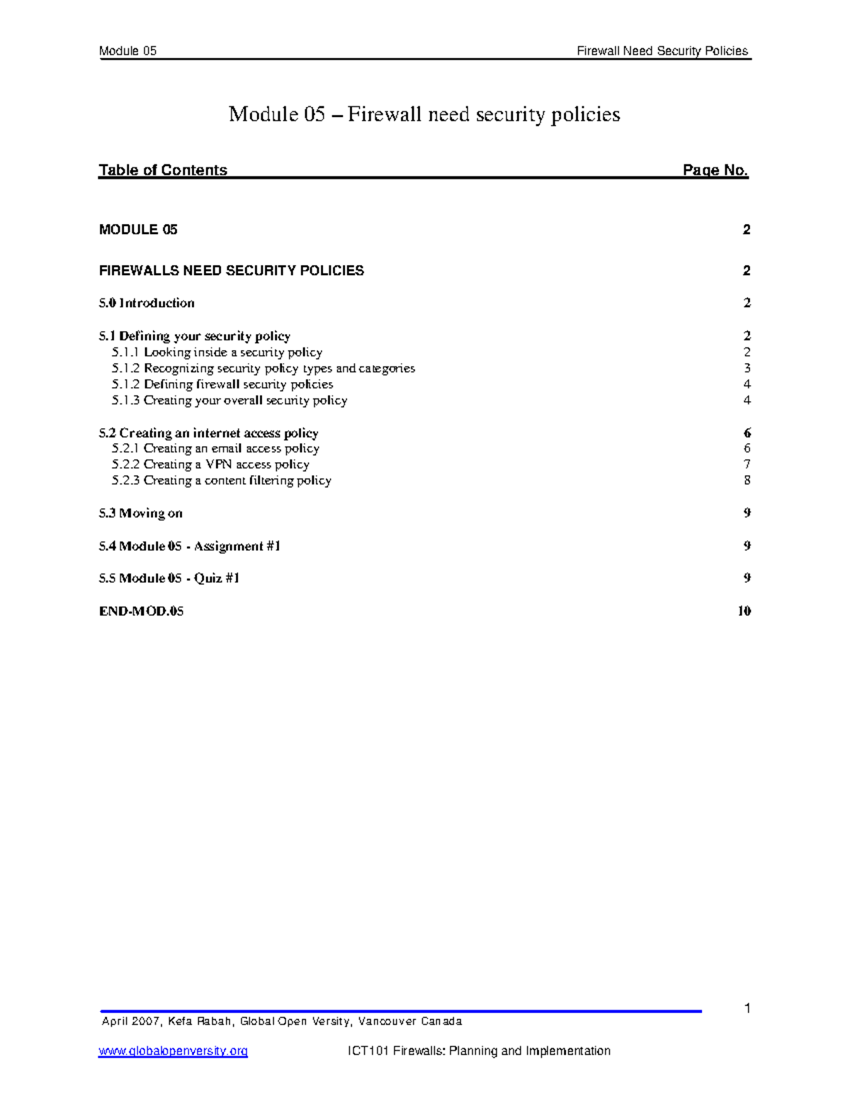 Module 05 Firewall Security Policies Apr Il 2007 Kefa Rabah Global Open Ver Sit Y 3899