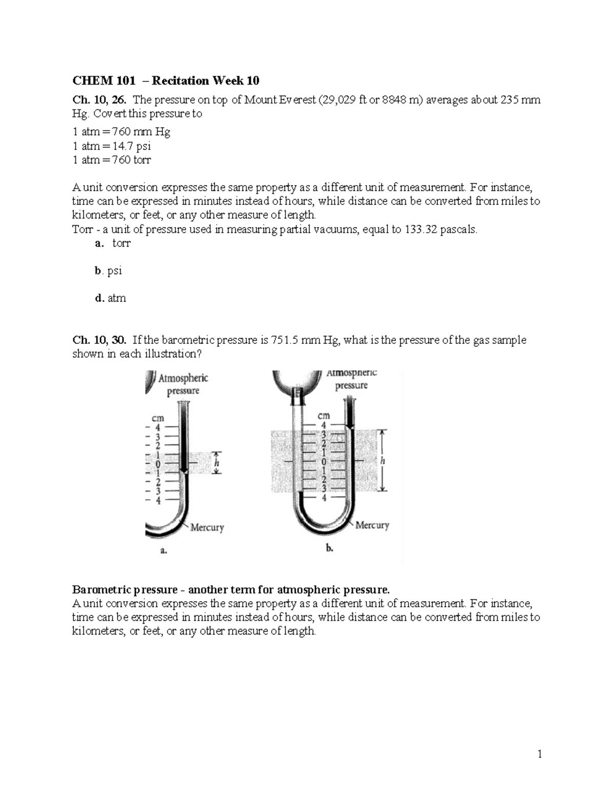 CHEM 101 Recitation Week 10 - CHEM 101 – Recitation Week 10 Ch. 10, 26 ...