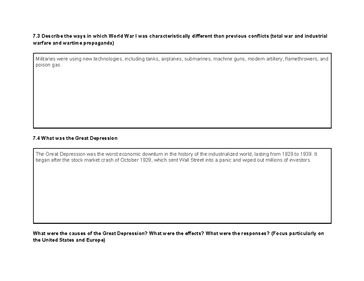 7.3 and 7 - ASSIGNMENT - 7 Describe the ways in which World War I was ...