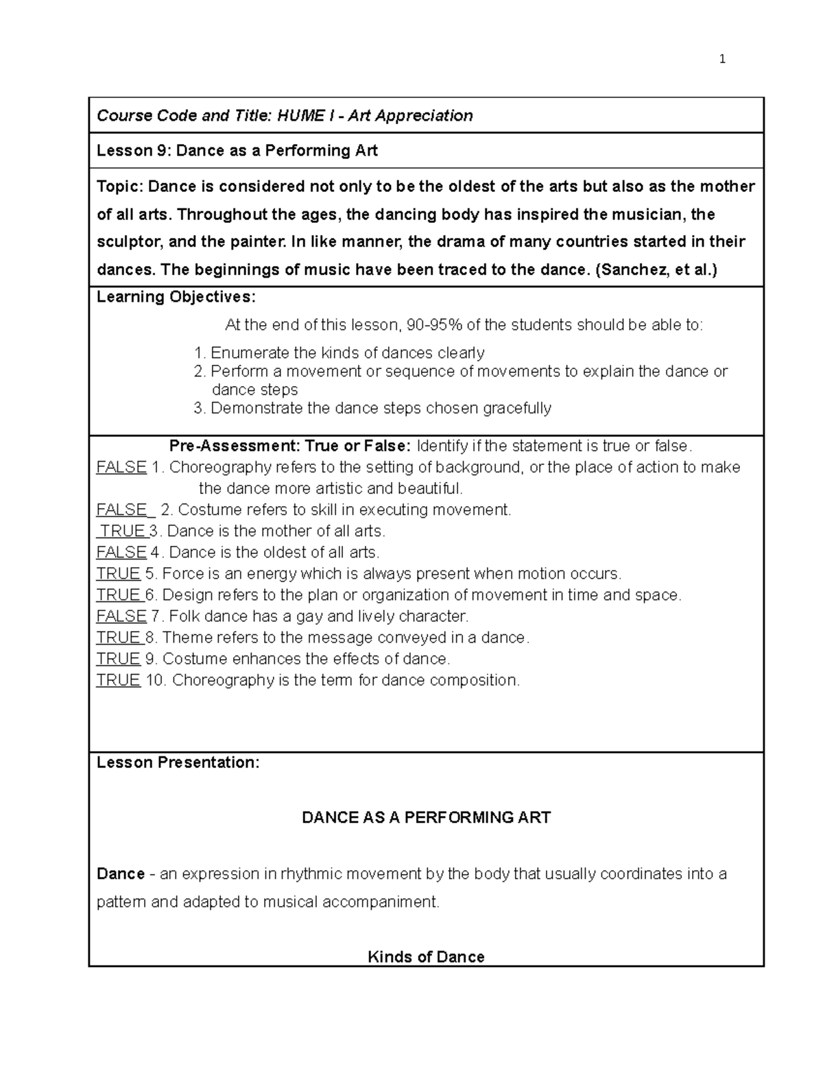 Module 9 Dance as a Performing Art - Course Code and Title: HUME I ...