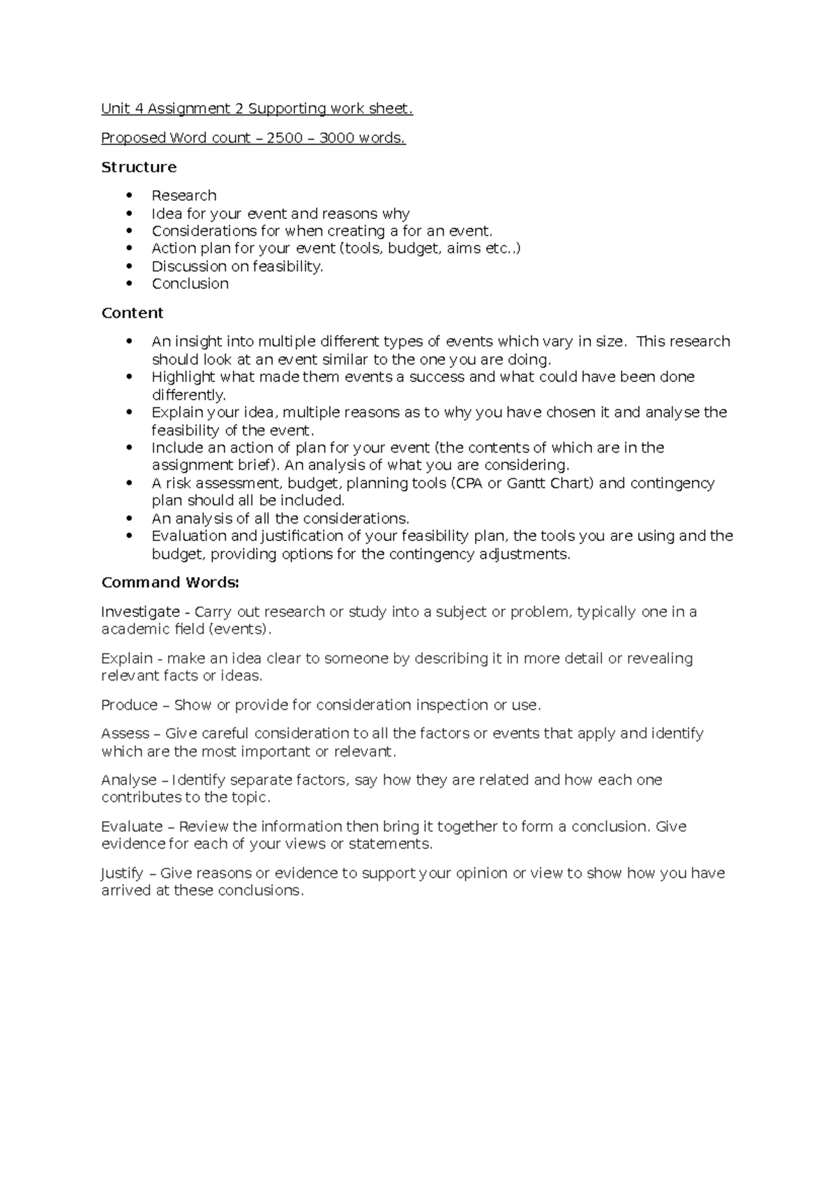 Assignment brief supporting document - Unit 4 Assignment 2 Supporting ...