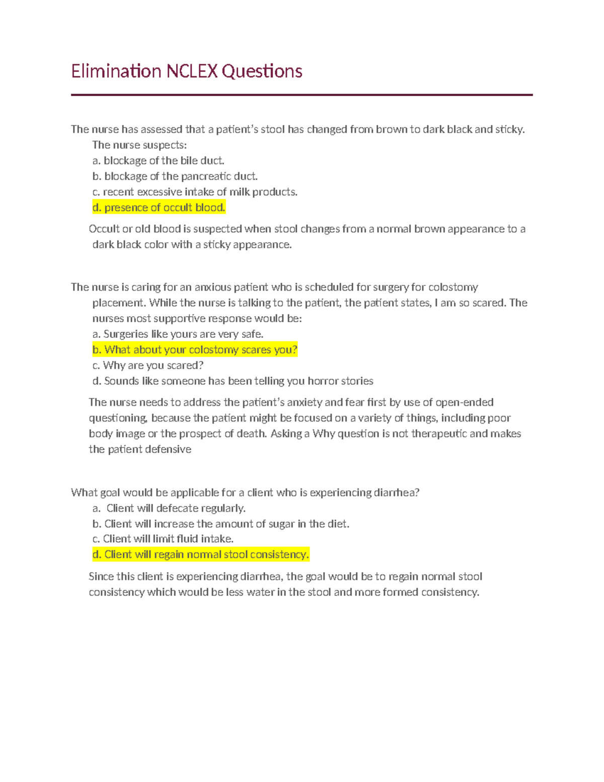 Elimination Nclex Questions - Elimination NCLEX Questions The nurse has ...