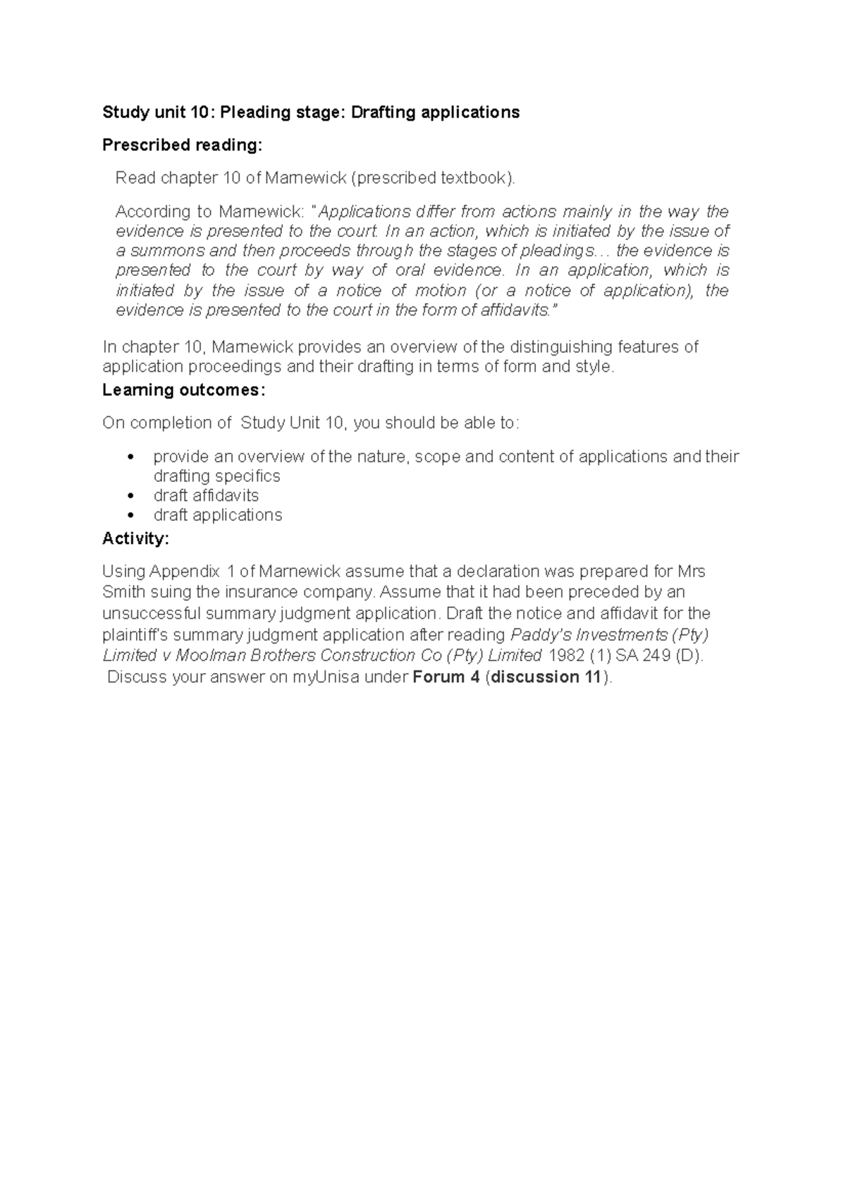 Study unit 10 - NOTES - Study unit 10: Pleading stage: Drafting ...
