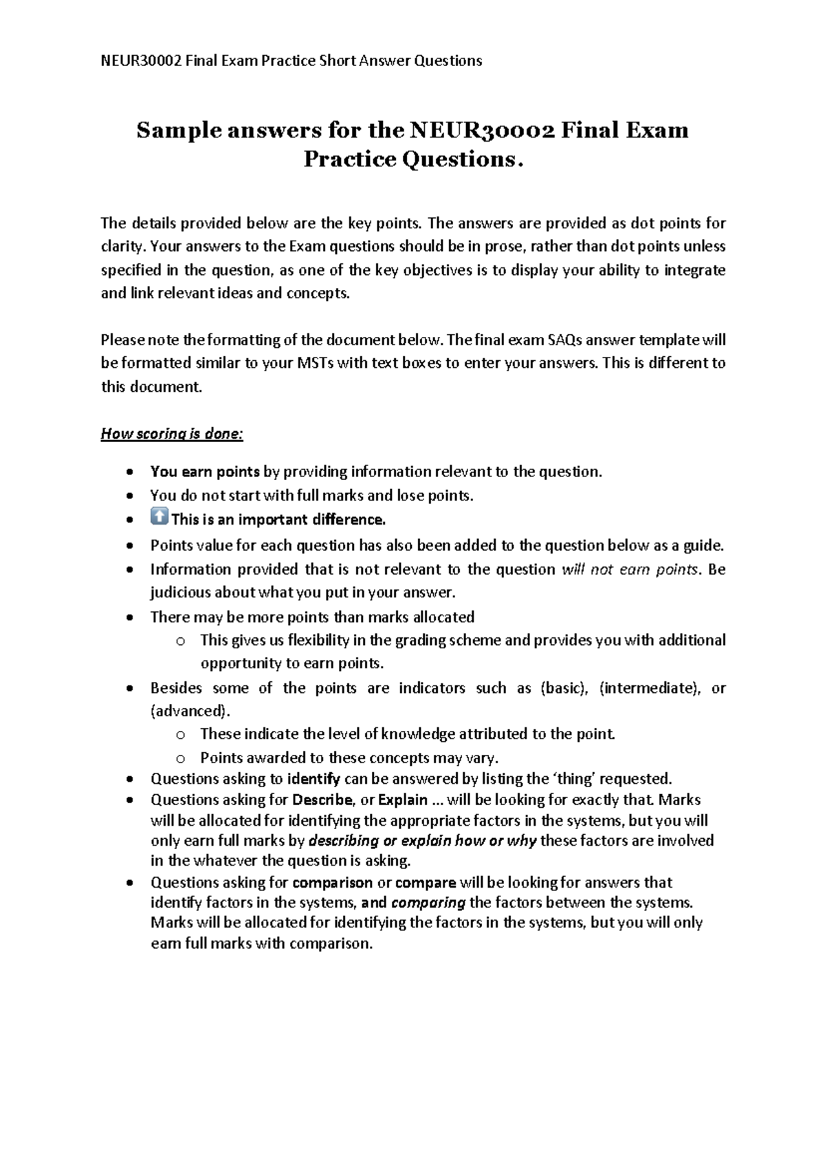 NEUR30002 EOS Exam Practice Questions - Sample answers for the ...