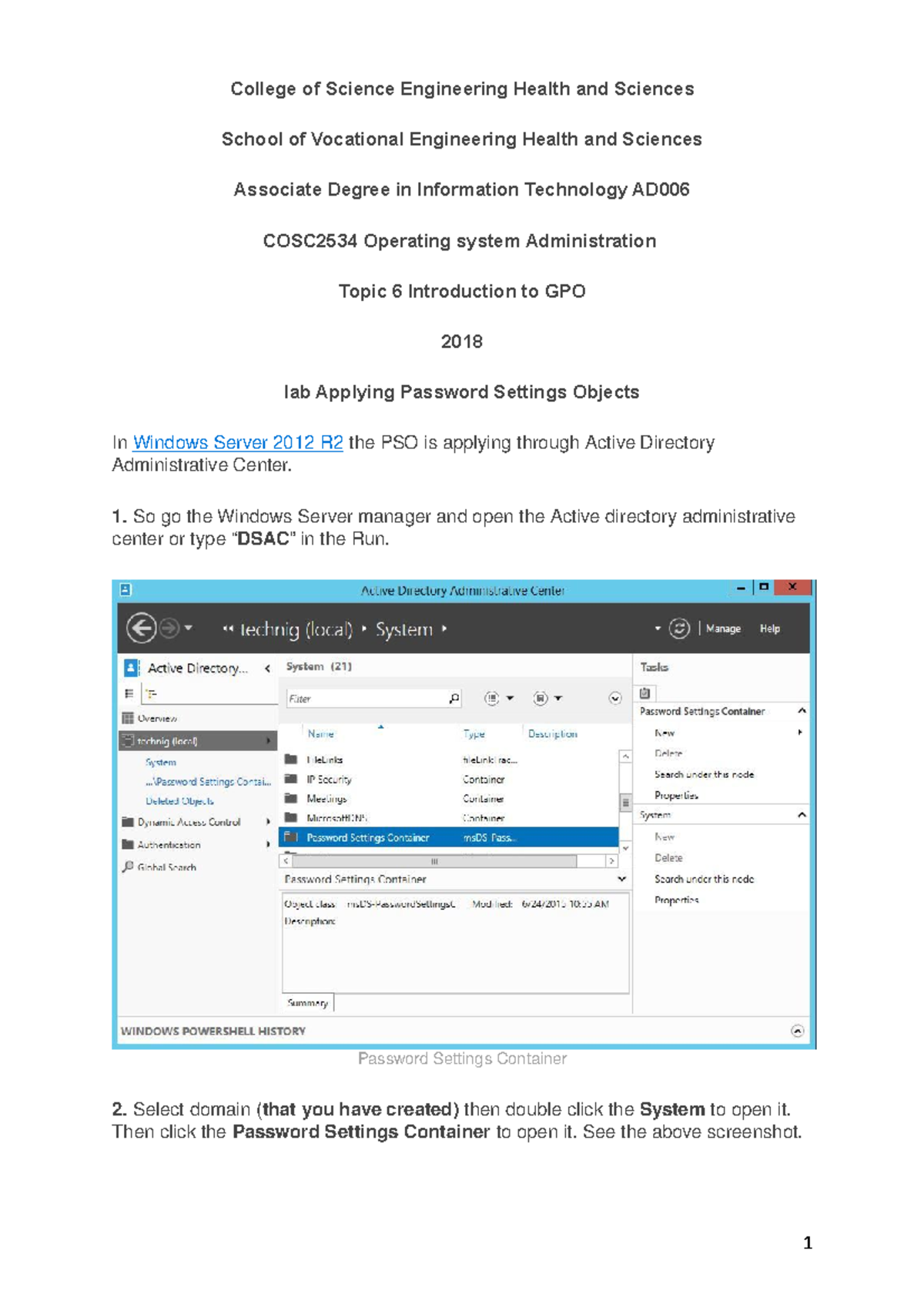 Topic 6 AD Center Applying Password Settings Objects 2018 - COSC2534 ...