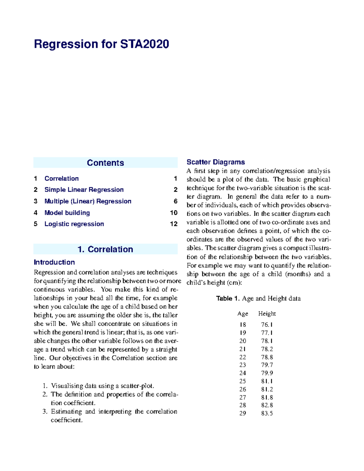 STA2020 regression summary - Regression for STA Contents 1 Correlation 1 2 Simple Linear ...