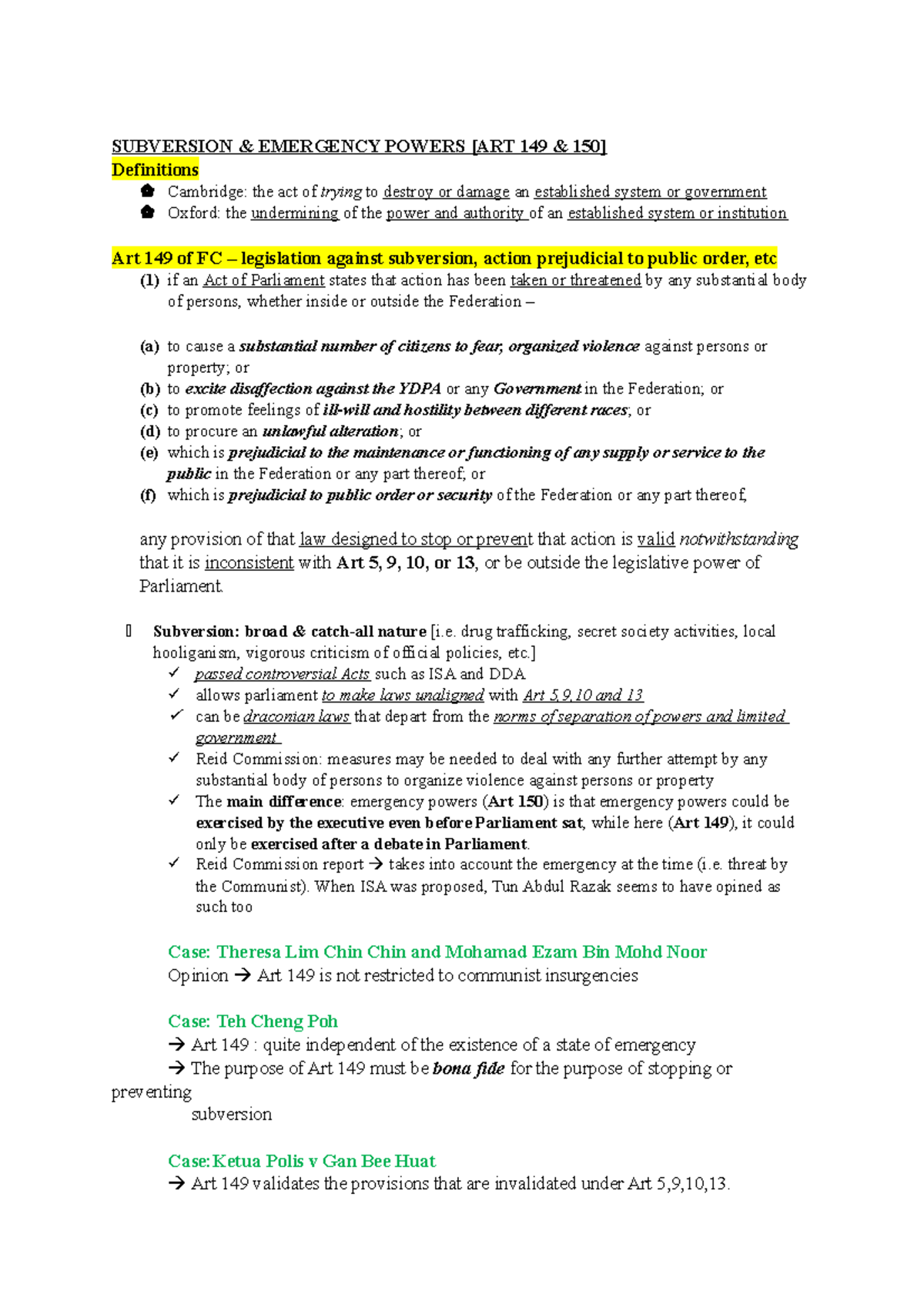 Cases (149.150 - SUBVERSION & EMERGENCY POWERS [ART 149 & 150] Definitions Cambridge: the - Studocu