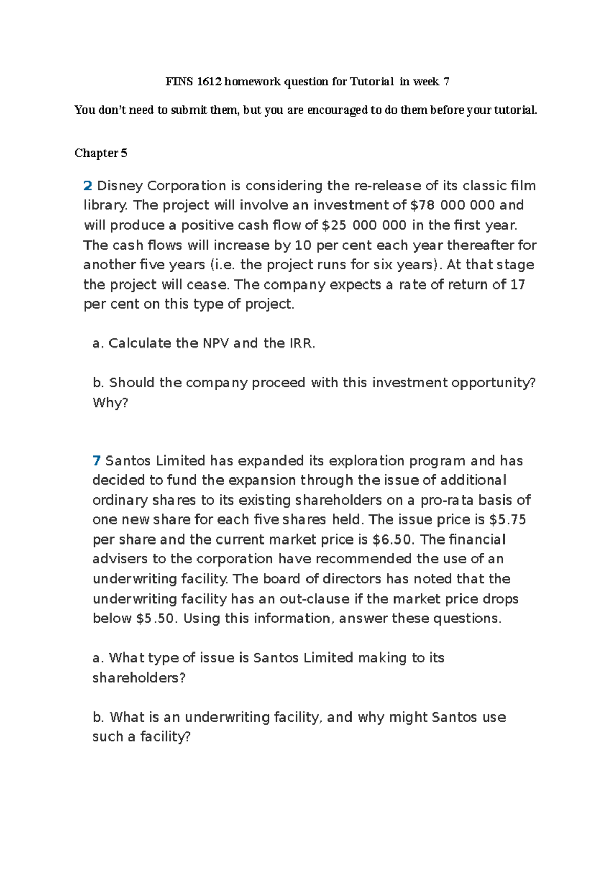 Homework questions week 7 - FINS 1612 homework question for Tutorial in ...