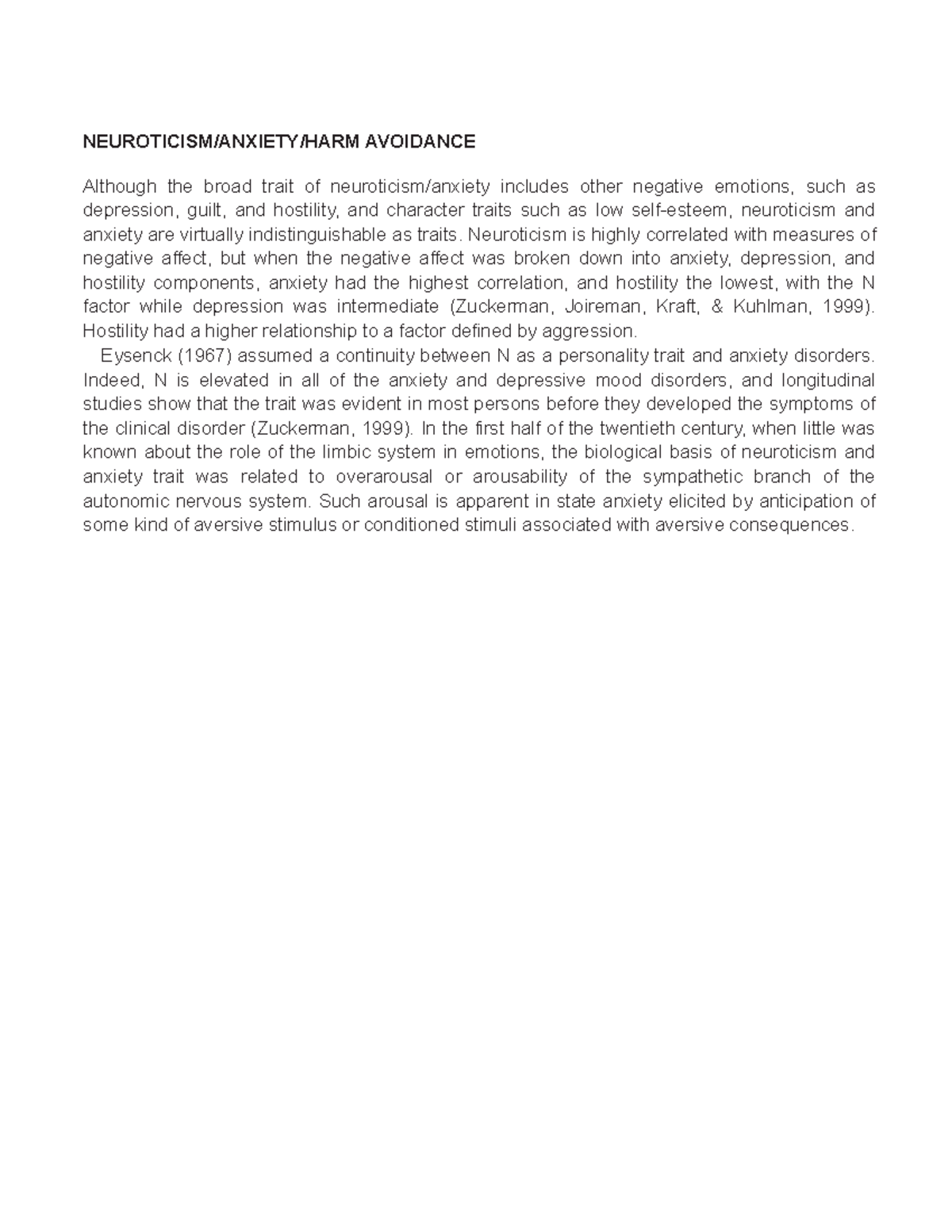 Biological Bases of Personality - NEUROTICISM/ANXIETY/HARM AVOIDANCE ...
