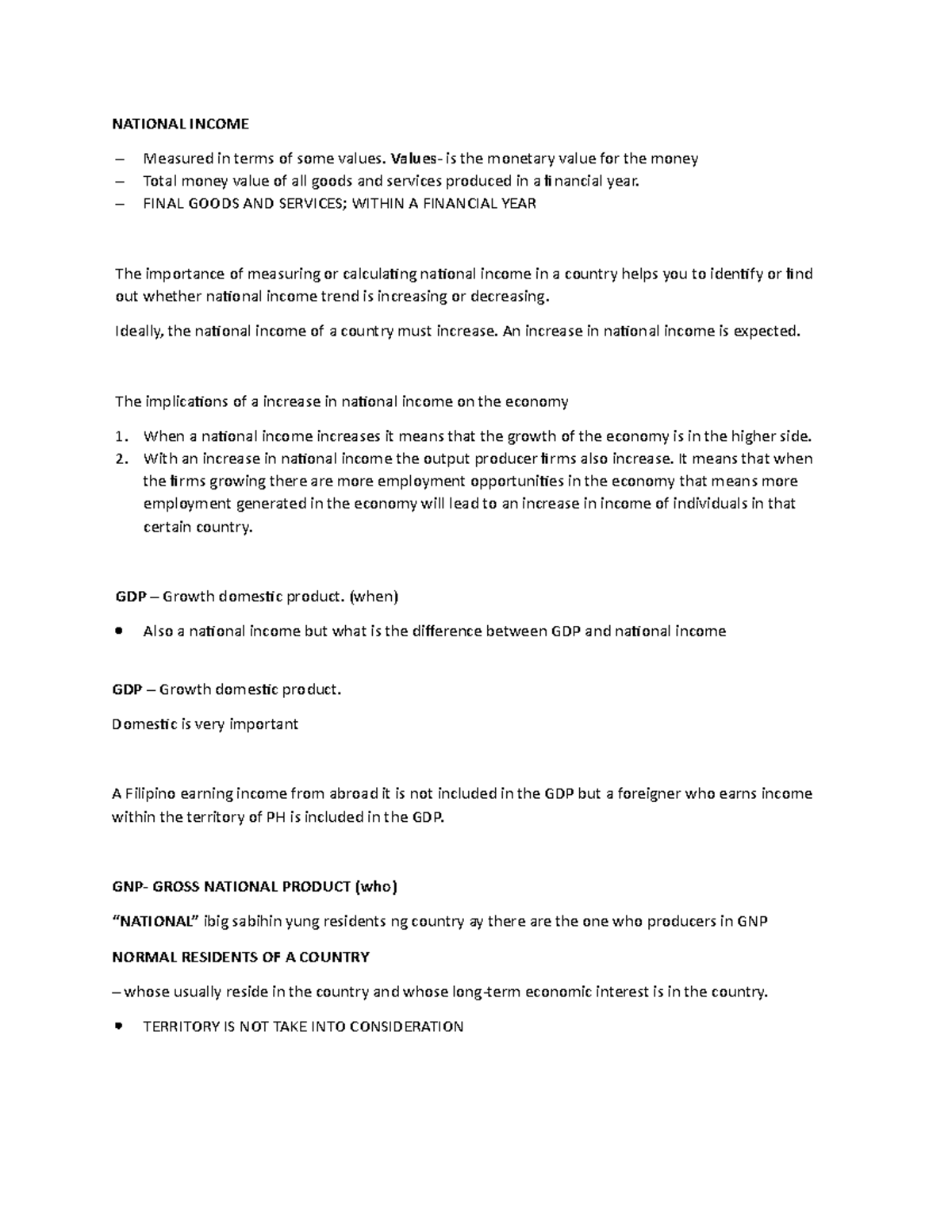 National Income - Lecture notes 1 - NATIONAL INCOME - Measured in terms ...
