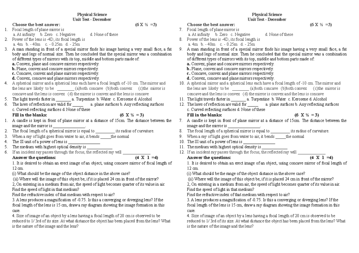 Science qp unit test 3 - Physical Science Unit Test - December Choose ...