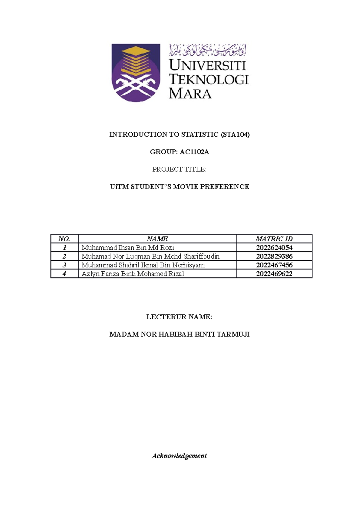 STA assignment - INTRODUCTION TO STATISTIC (STA104) GROUP: AC1102A PROJECT TITLE: UiTM STUDENT’S ...