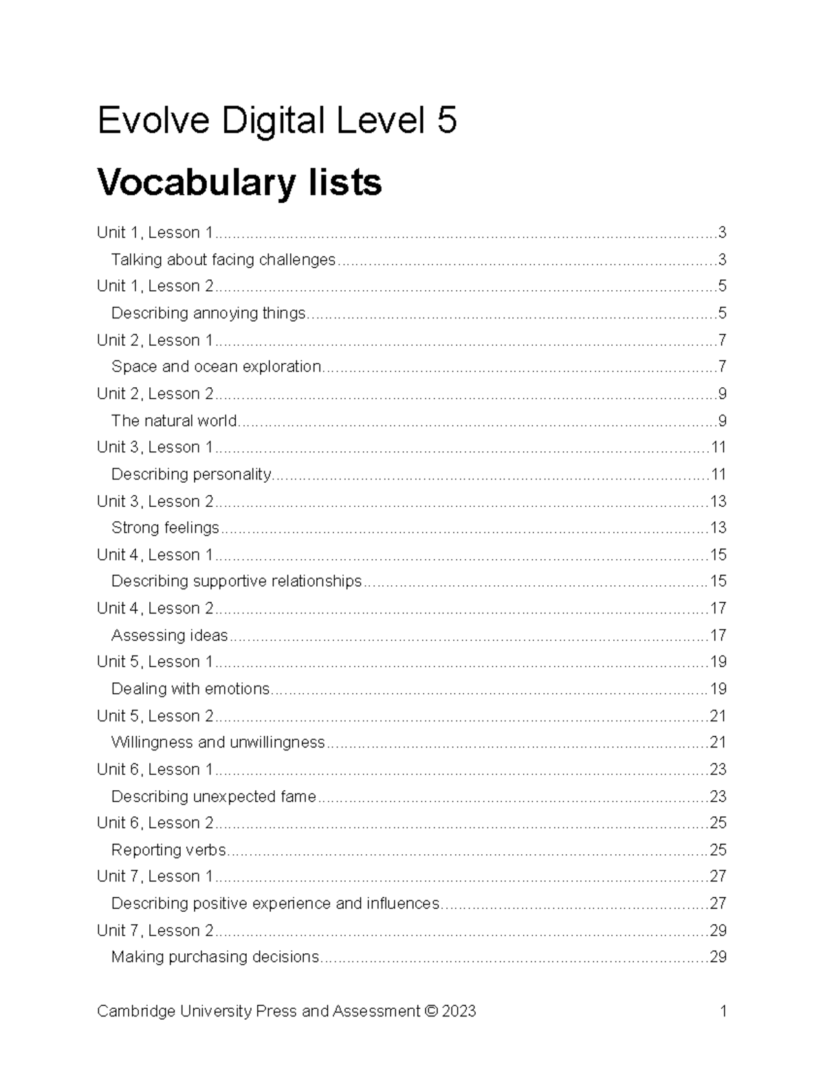 Evolve Digital Level 5 Vocabulary lists - Vocabulary lists Evolve ...