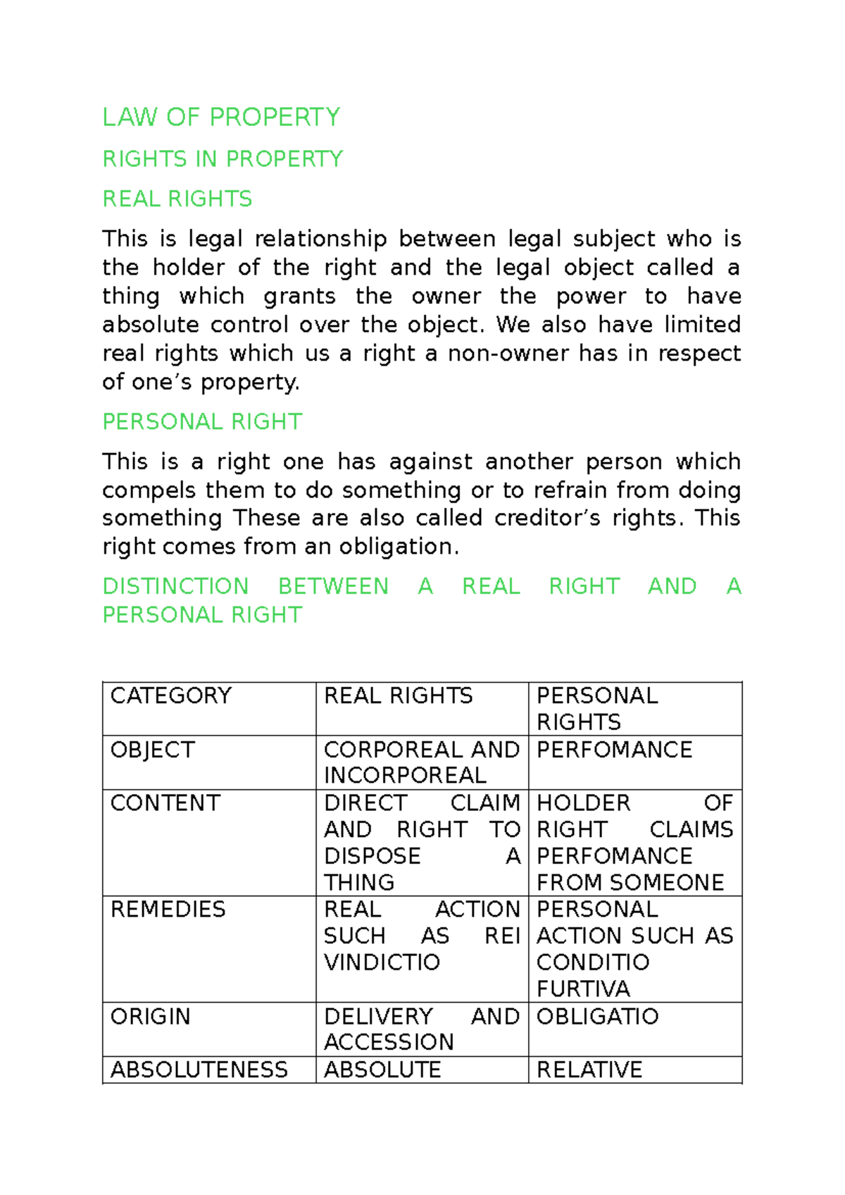 LAW OF Property EXAM Preparation - LAW OF PROPERTY RIGHTS IN PROPERTY ...