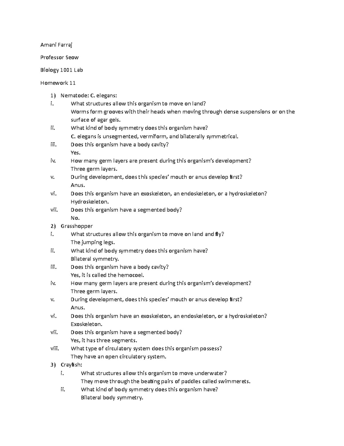 Bio 1 Lab HW 11 - Lab Homework 11 Professor Vin Seow - Amani Farraj ...