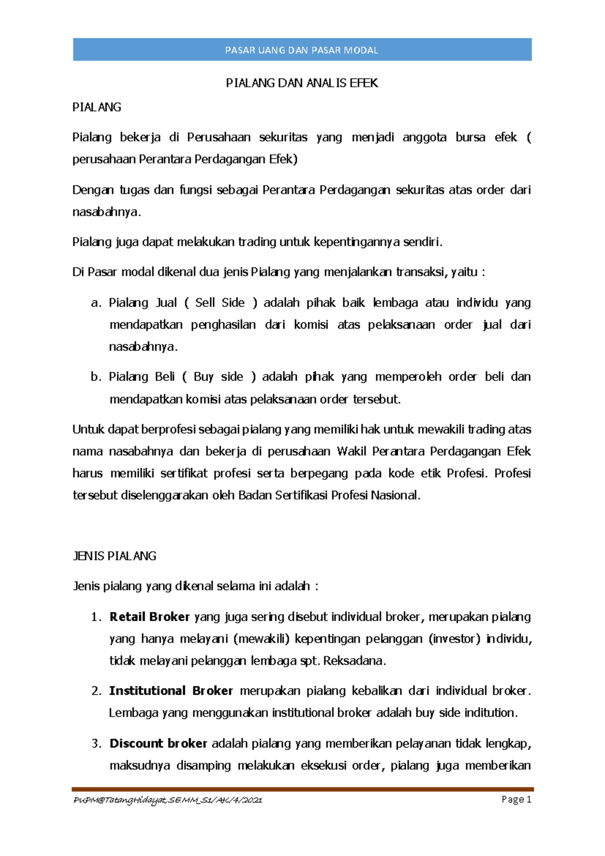 ( Pialang DAN Analis EFEK ) - Pasar Uang dan Modal - PIALANG DAN ANALIS ...