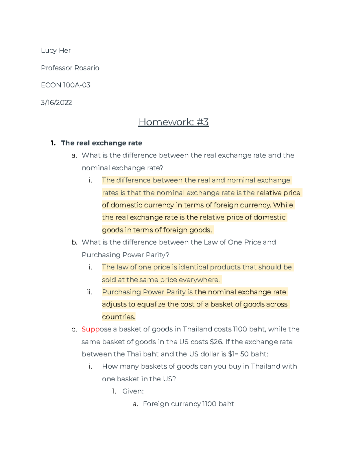 ECON Homework: Real Exchange Rate Law of One Price Purchasing Power ...