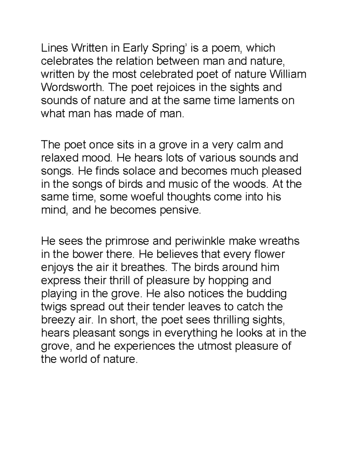 Lines Written in Early Spring - Appreciation - Lines Written in Early ...