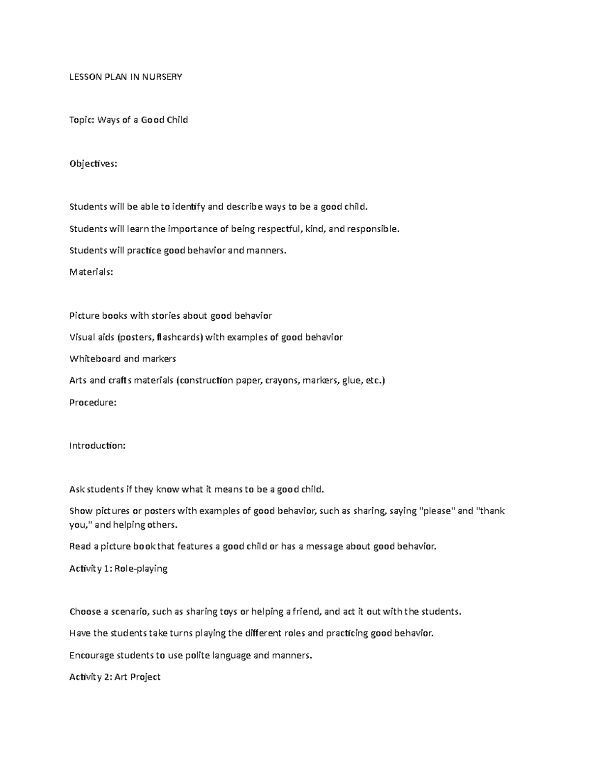 Lesson PLAN IN Nursery - ways of a good child - LESSON PLAN IN NURSERY ...