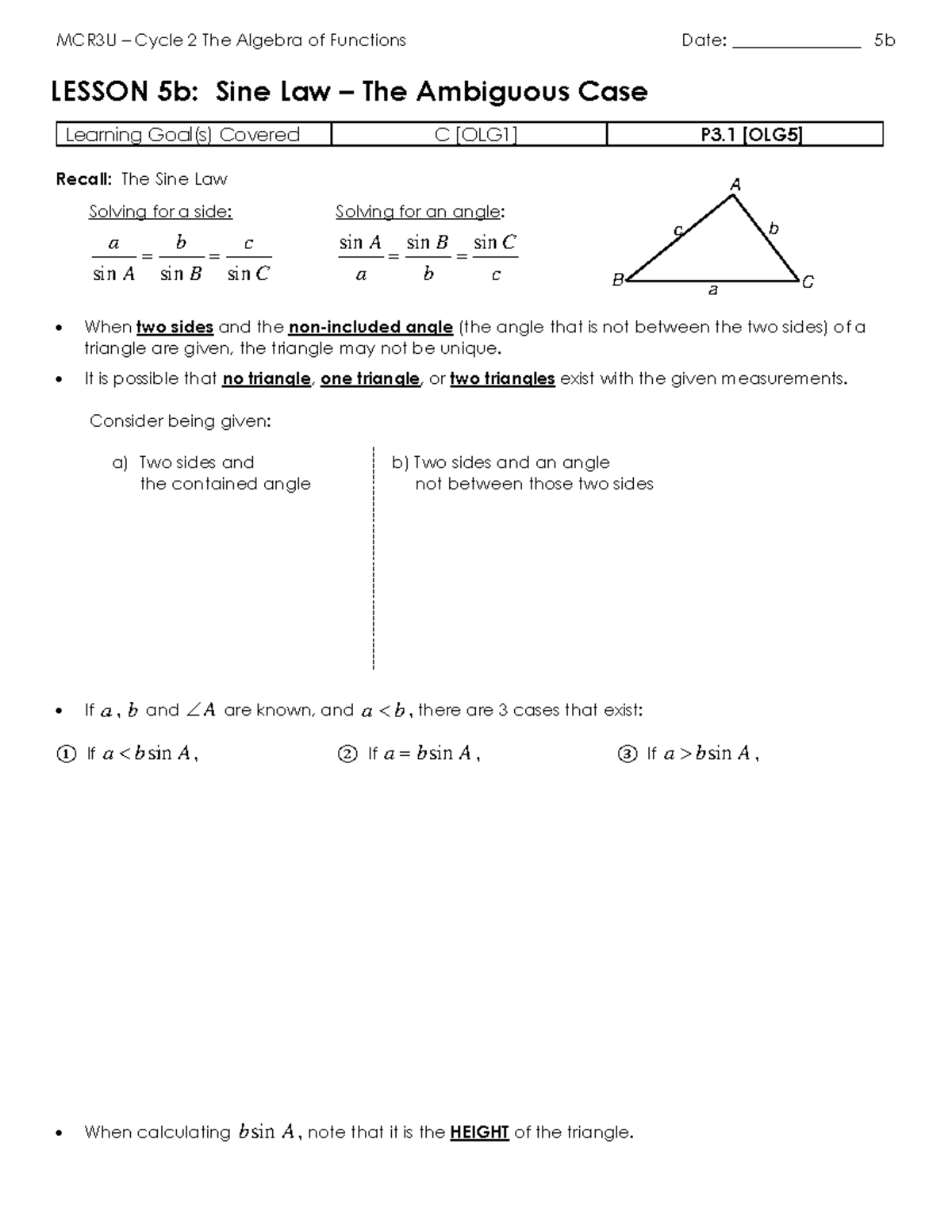 C2 - 5b - The Ambiguous Case of the Sine Law Lesson - MCR3U – Cycle 2 ...