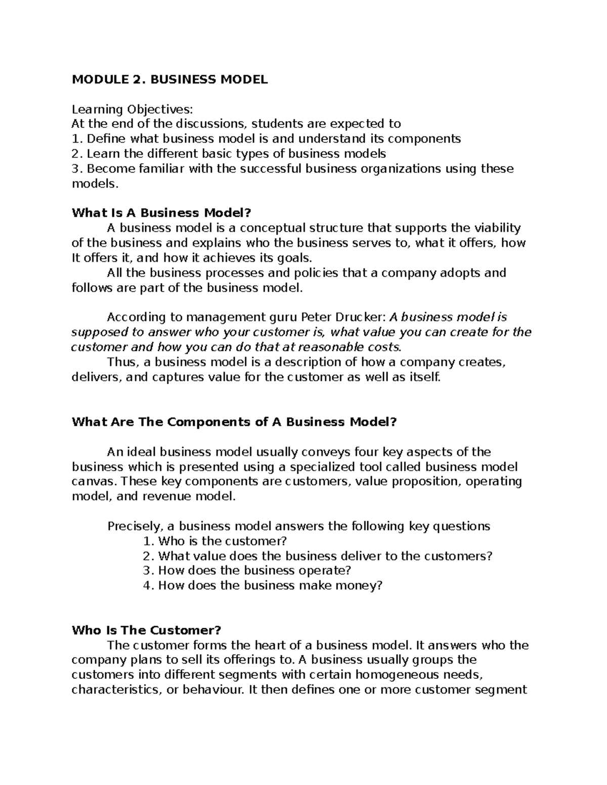 Module 2 Business Logic - MODULE 2. BUSINESS MODEL Learning Objectives ...