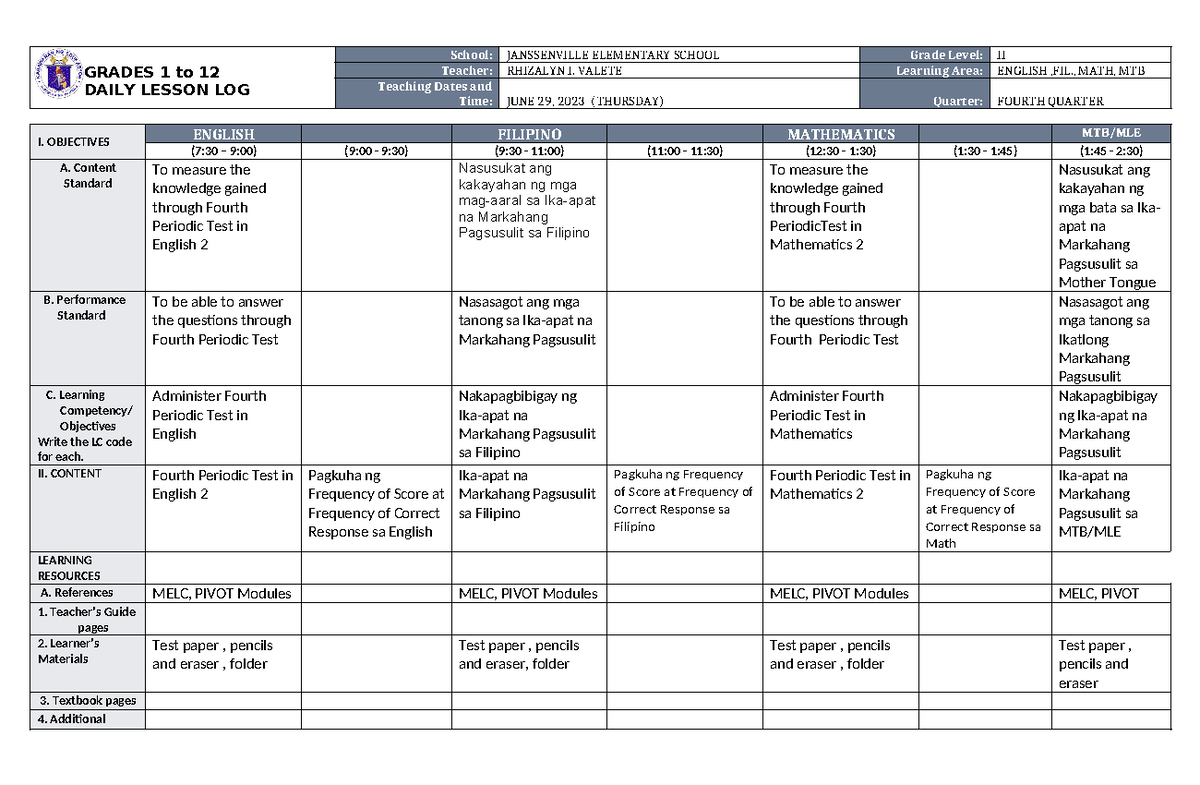 DLL Q4 JUNE 29 2023 - daily lesson log - GRADES 1 to 12 DAILY LESSON ...
