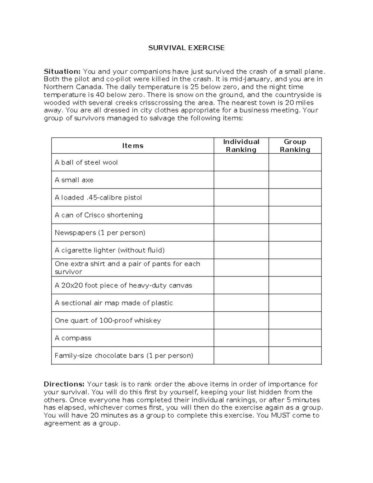 Survival Task Without Answers - SURVIVAL EXERCISE Situation: You and ...
