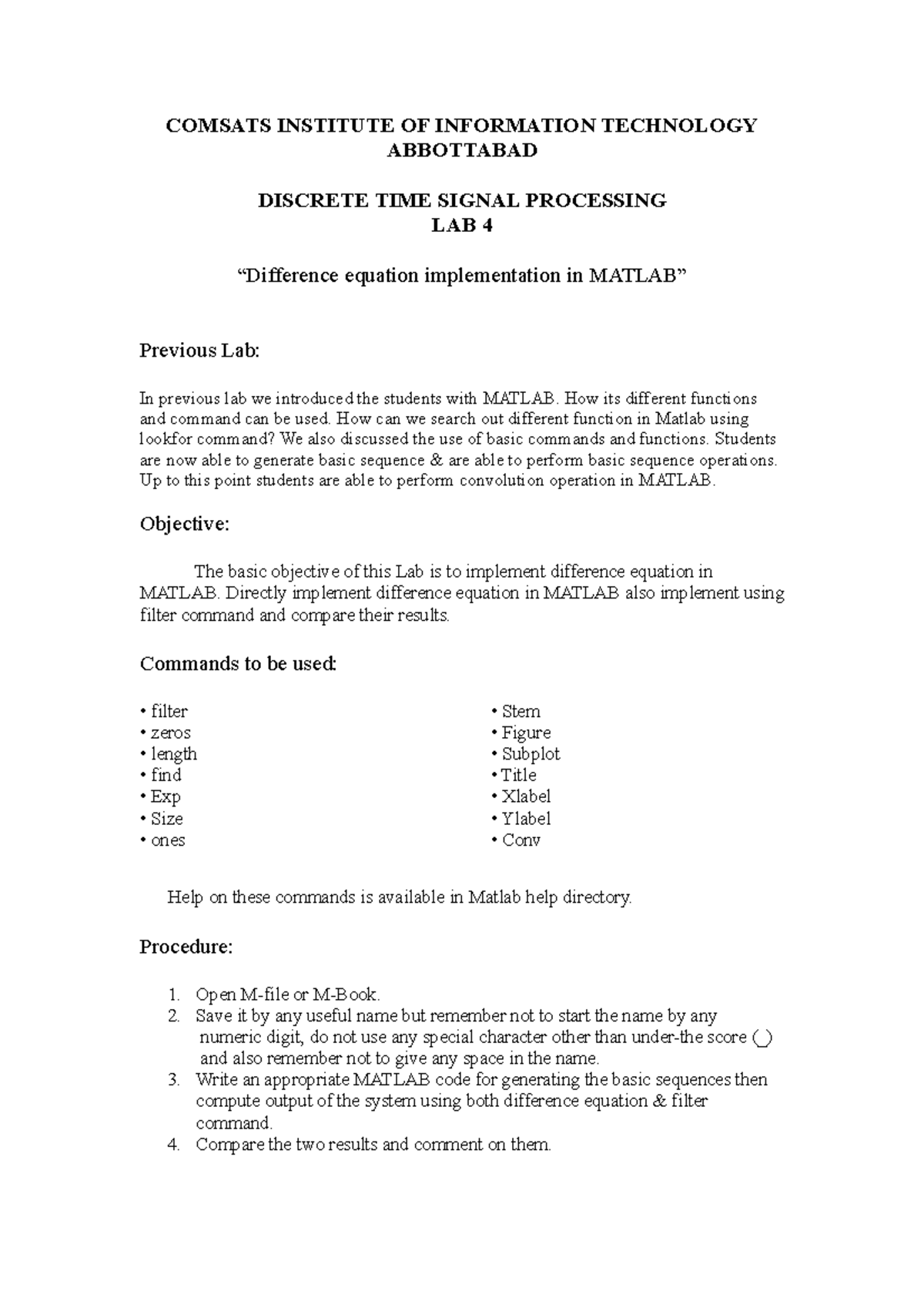 Lab No 4 - lab - COMSATS INSTITUTE OF INFORMATION TECHNOLOGY ABBOTTABAD ...