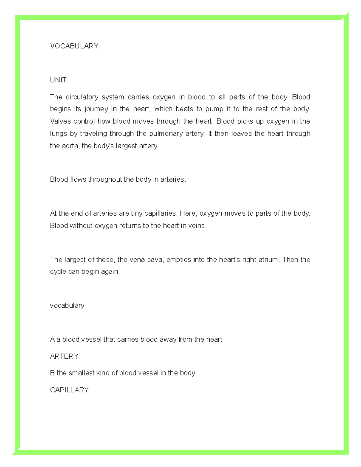 Vocabulary 2 Parcial - VOCABULARY UNIT The circulatory system carries ...