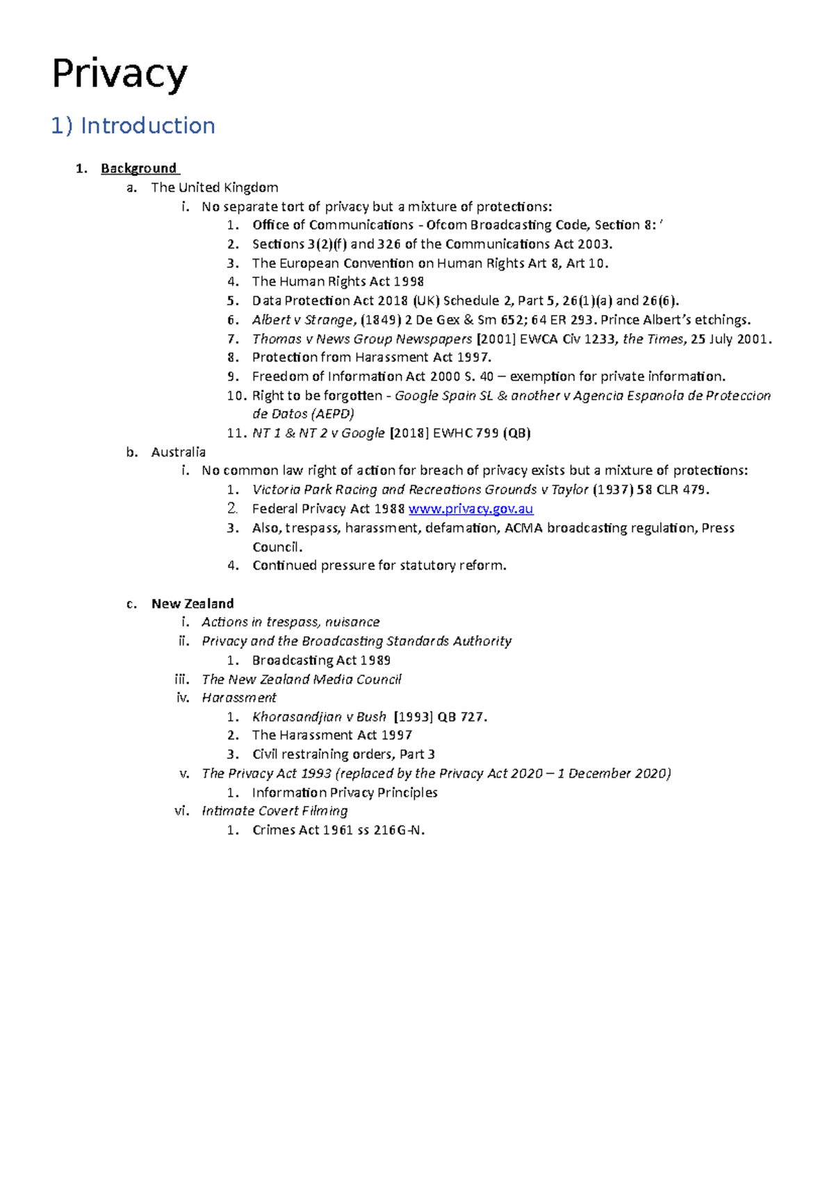 Torts Privacy - Summary - Privacy 1) Introduction 1. Background a. The ...