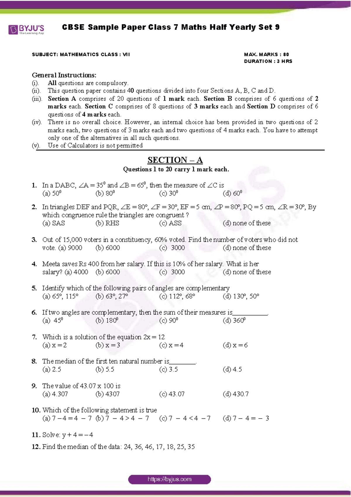 CBSE Sample Paper Class 7 Maths Half Yearly Set 9 - MARKS : 80 DURATION ...