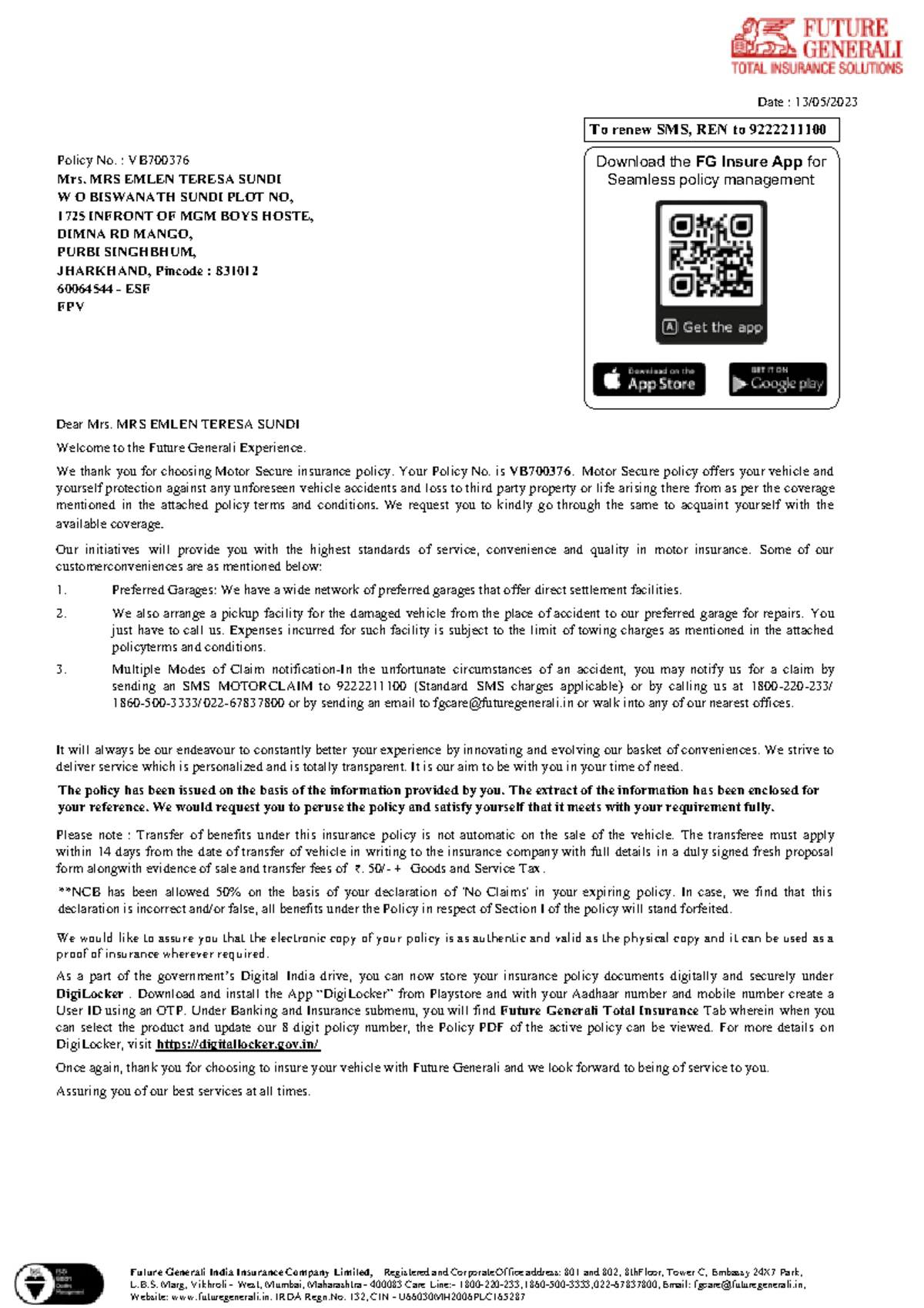 VB700376 - tyrhtyhtyh - Future Generali India Insurance Company Limited ...